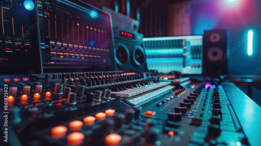 Modern Music Record Studio Control Desk with Laptop Screen Showing User ...