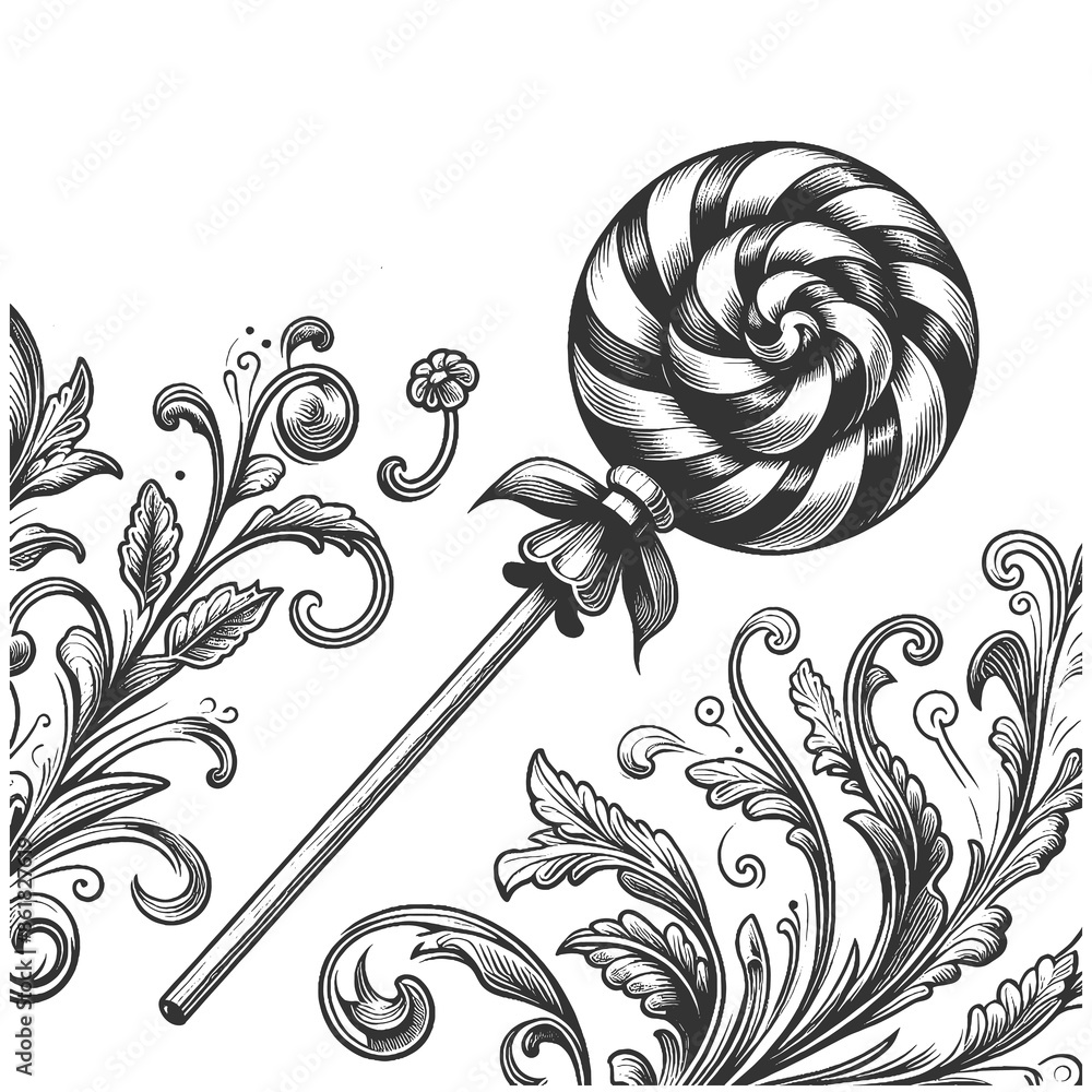 striped candy lollipop in a twisted wrapper sketch engraving generative ...