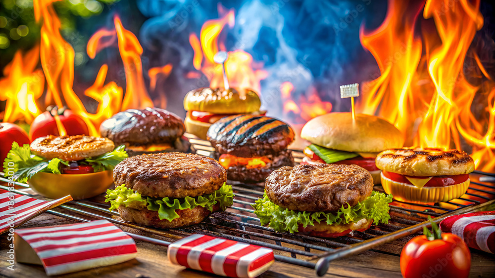 Grill, burger and barbecue dinner for party, meat and outdoor backyard ...