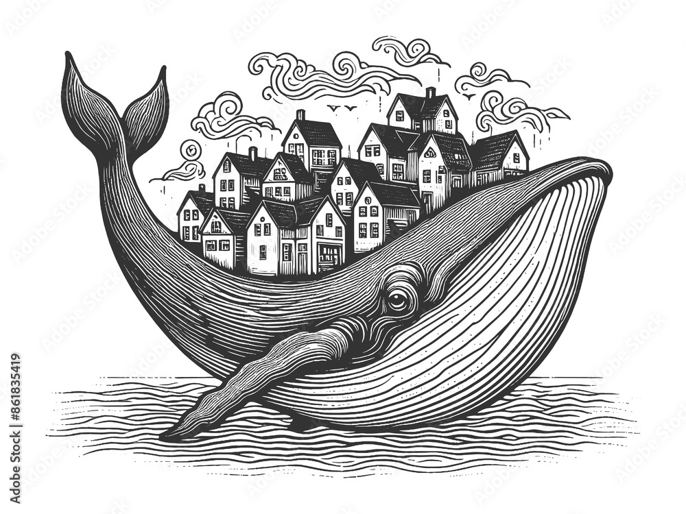 whale carrying a cityscape on its back, blending nature and urban ...