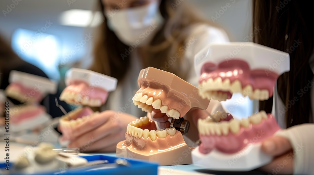Dental students working with dental models during training. Clear focus ...