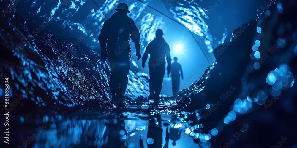 Silhouettes of miners in a mine rendered in neural network art style ...