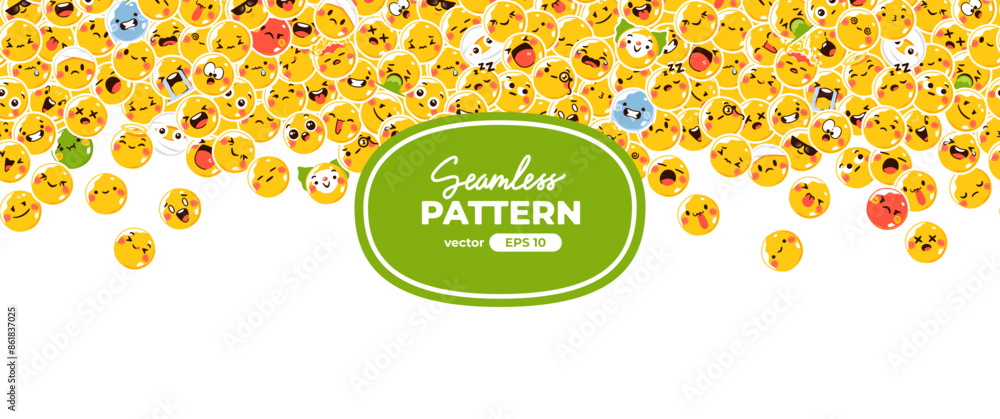 Vetor de Seamless pattern with falling yellow emoticons. Emoji set ...