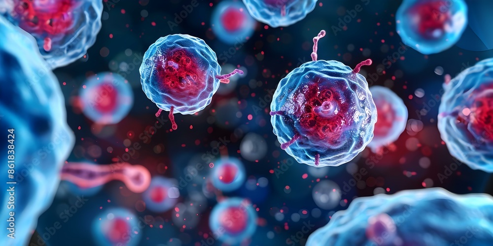 3D digital art depicting immune cells attacking healthy tissue in blue ...