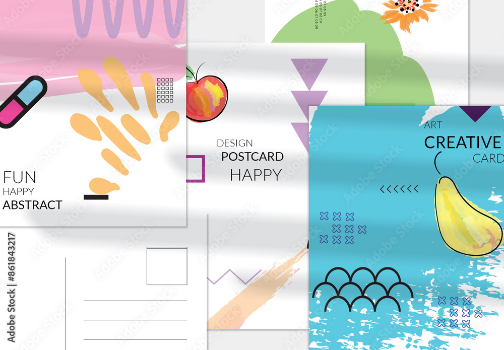 Postcard Layout with Hand Drawn Abstract Floral Doodles and Geometric ...