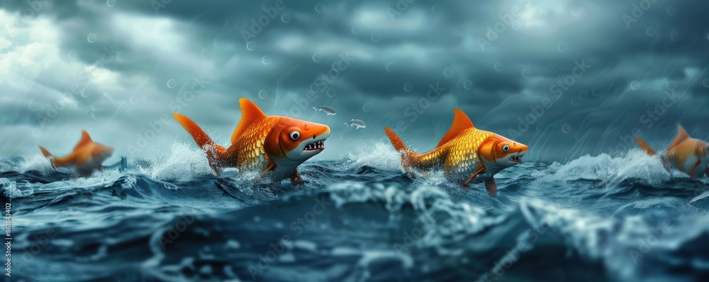 Surreal image of goldfish swimming in choppy waters. The dynamic scene ...