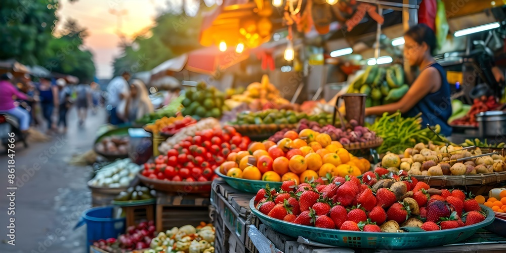 Colorful street market with exotic food stalls under warm sunset glow ...