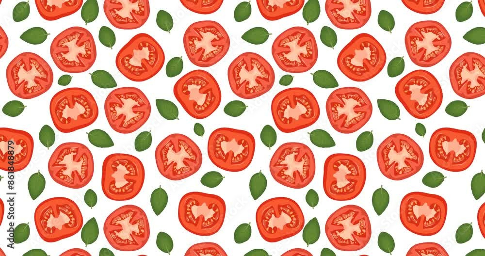 4K animated pattern of tomato slices and basil leaves moving from left ...