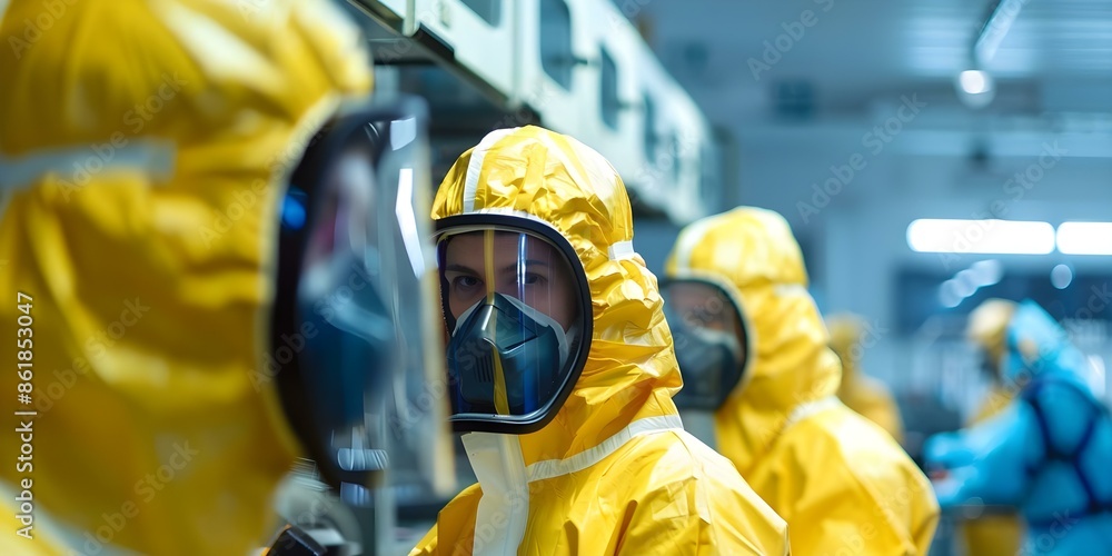 Technicians in yellow hazmat suits work carefully with machinery in ...