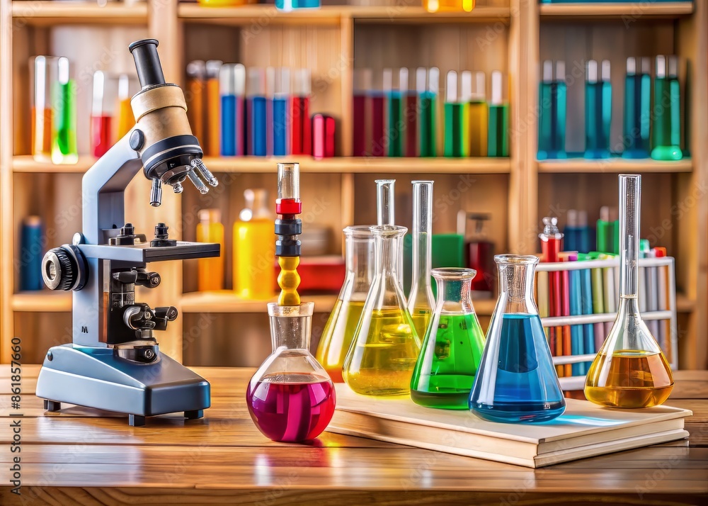 Colorful laboratory setup with miniature scientific equipment, beakers ...