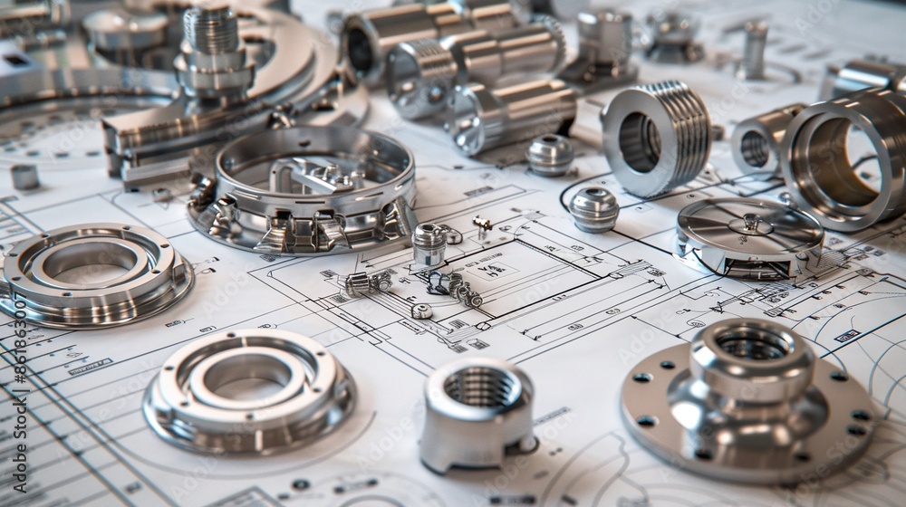 Array of mechanical parts and components precisely arranged on ...