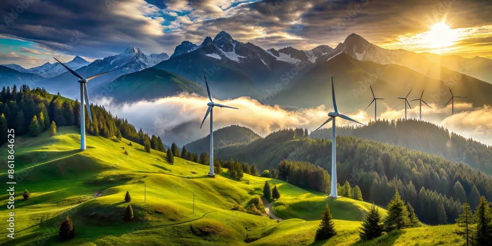 Majestic wind turbines towering above lush alpine meadows, harnessing ...