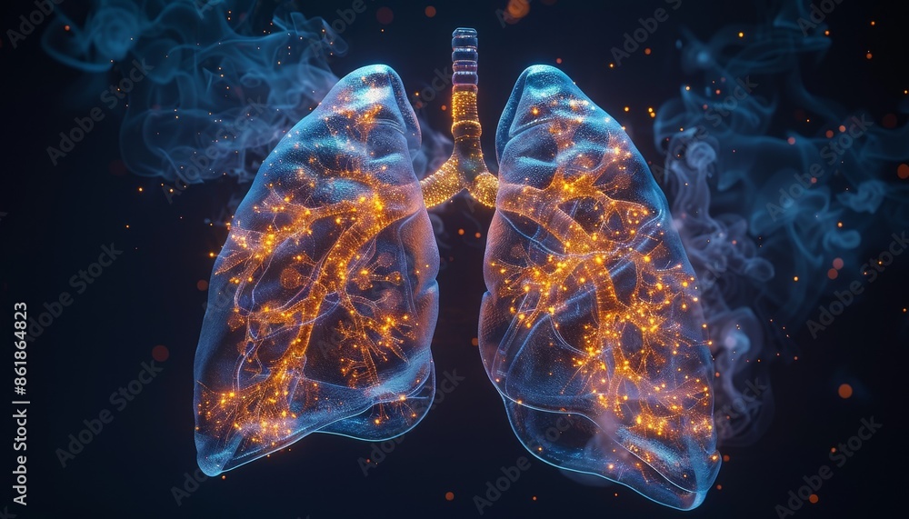 Visual representation of human lungs with illuminated blood vessels ...