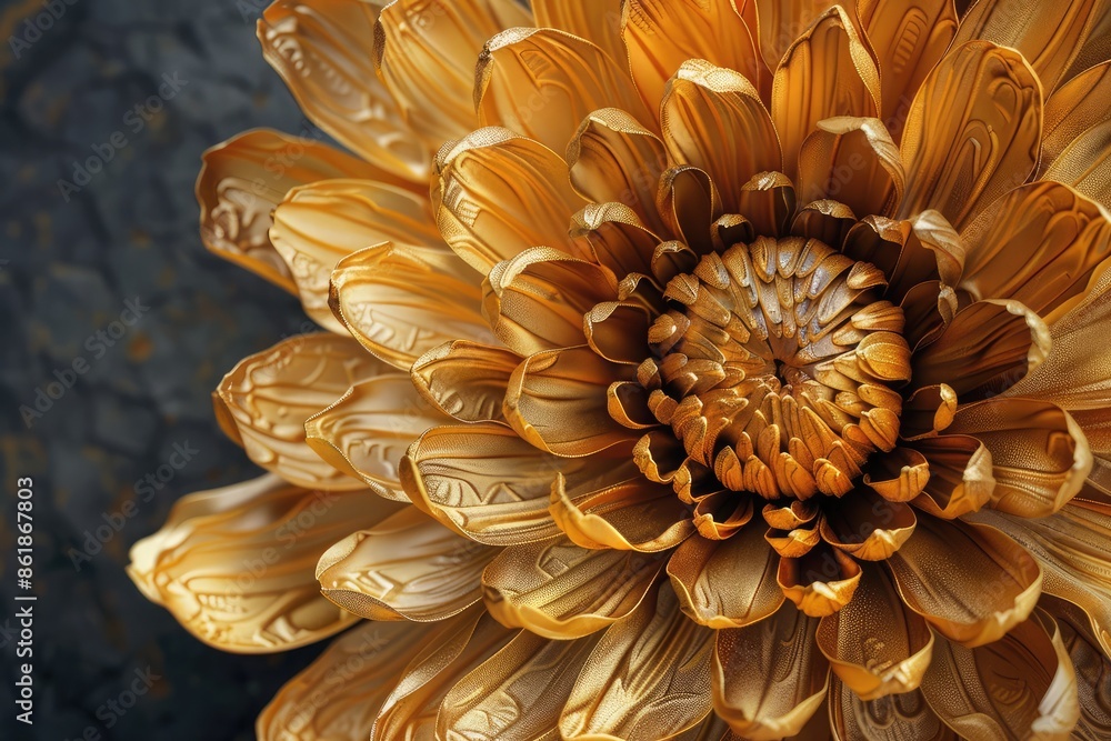 A chrysanthemum with intricate petals, colored in shades of gold, set ...