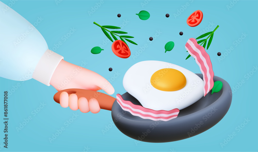 Female hand hold frying pan. 3d cooking concept. Woman cook breakfast ...