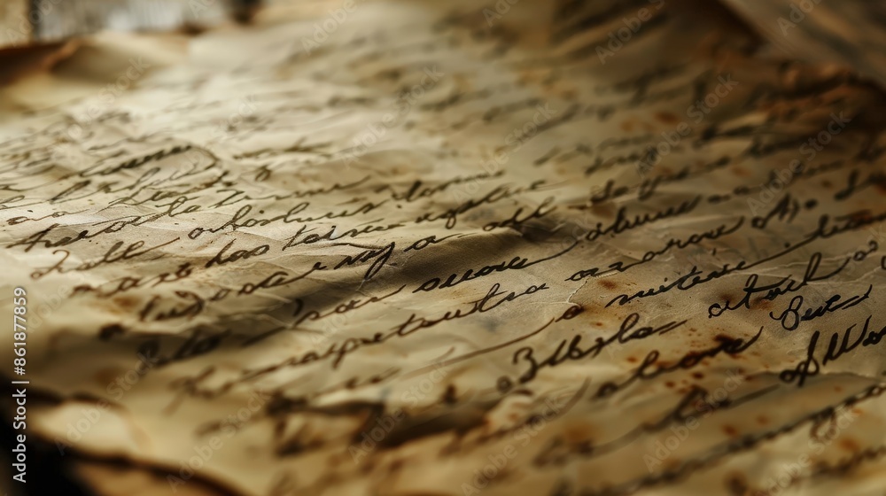 A close-up photo of a vintage document with handwritten text on aged ...