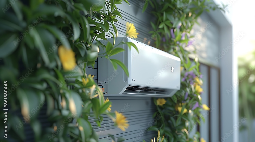 The image shows an air conditioning unit mounted on an outdoor wall ...
