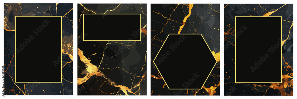 Black and golden marble backgrounds set. Gold cracks on stones. Empty ...