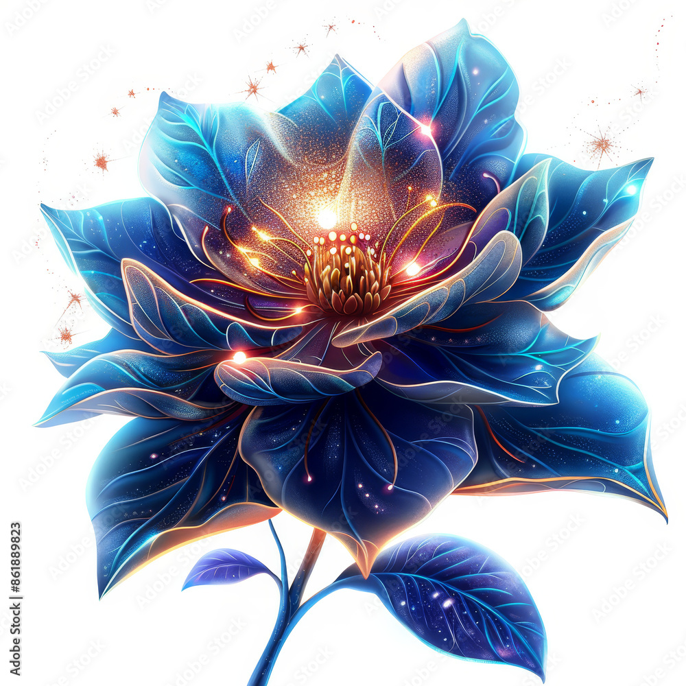 3d Abstract blue magic flower with yellow glowing particles isolated ...