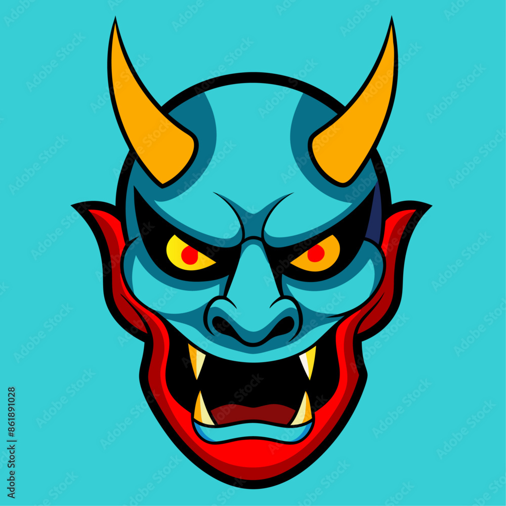 A traditional Japanese demon Hannya mask with sharp teeth, yellow horns ...