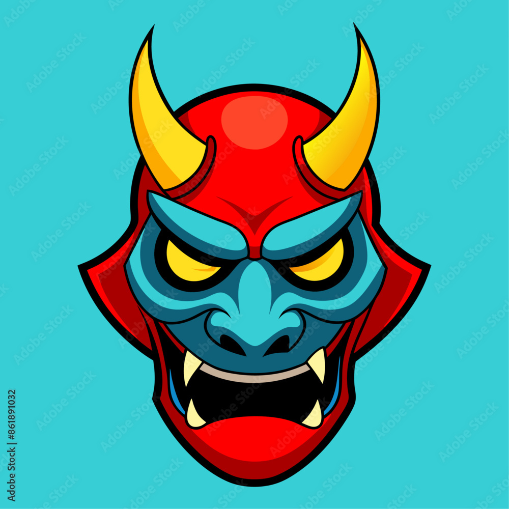 A traditional Japanese demon Hannya mask with sharp teeth, yellow horns ...
