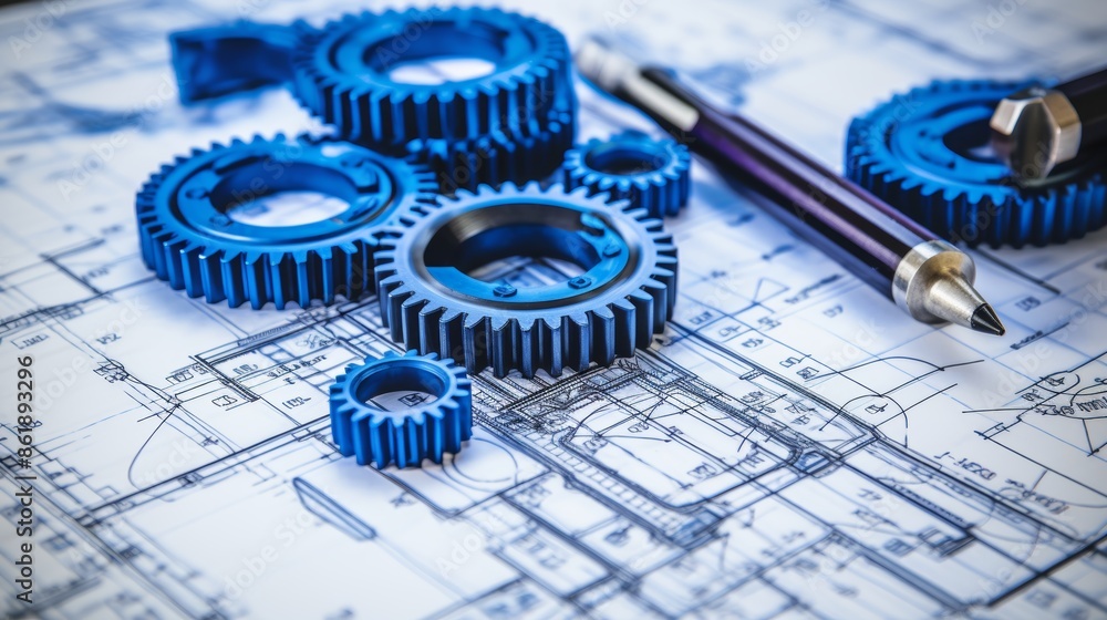 Precision mechanical parts array on engineering drawings showing ...