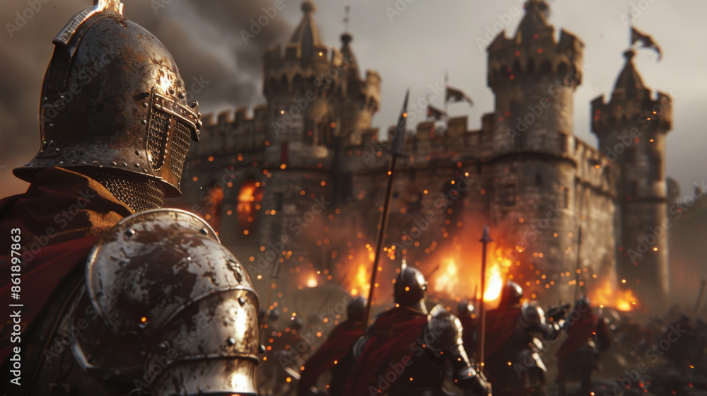 A high-definition rendering of a medieval castle under fierce siege ...