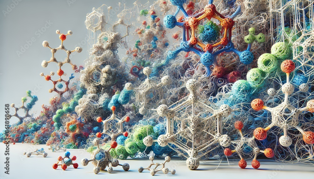 Intricate chemical structure sculptures depicting network structures of ...