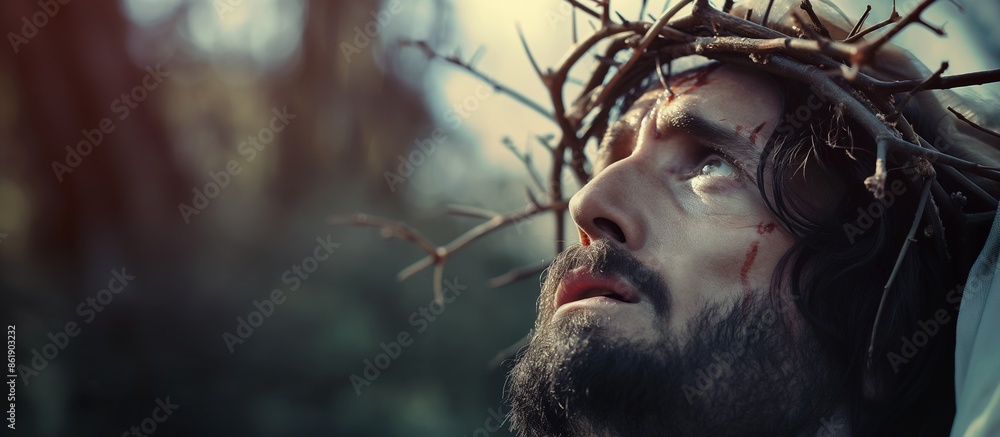Jesus Christ in crown of thorns, photo close up. Jesus's face hurt from ...