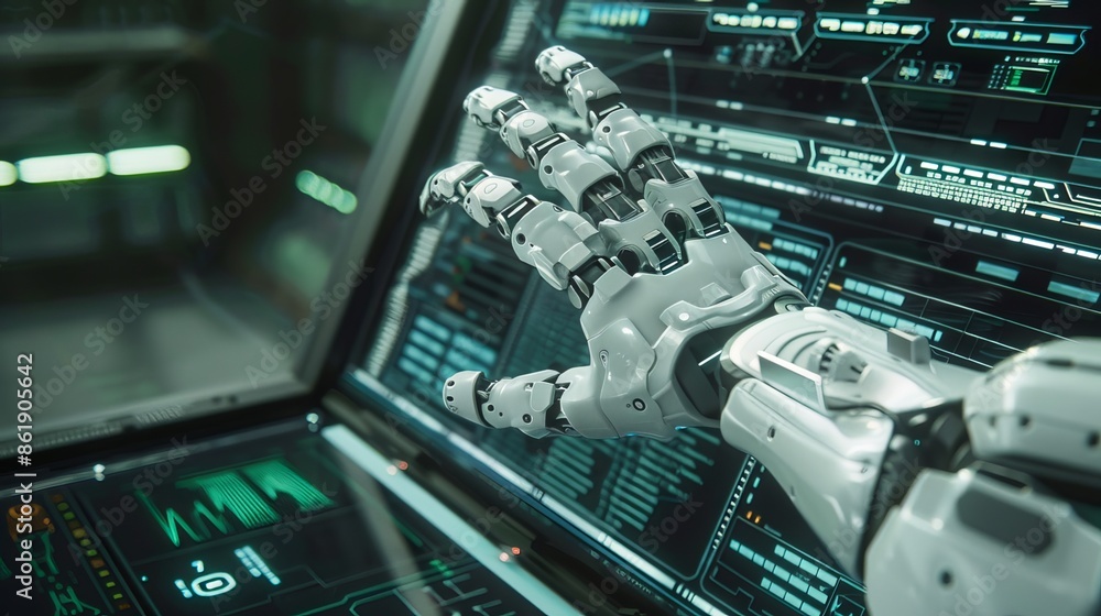 AI robot hand on a computer screen. Shows how AI creates new technology ...