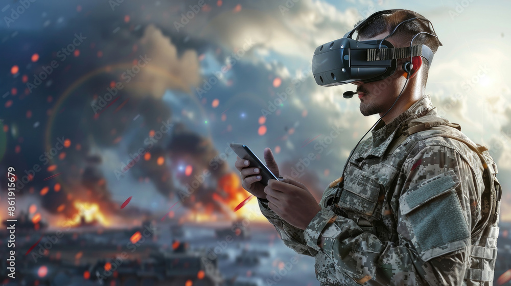Soldier in VR glasses holds remote control, portrait of man wearing ...
