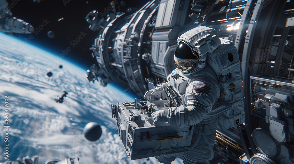 An ultra high-resolution depiction of a space station circling a planet ...
