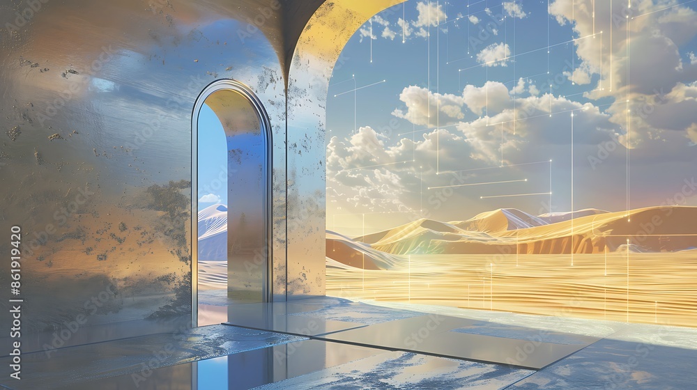 futuristic oasis entryway with a door that opens into a holographic ...