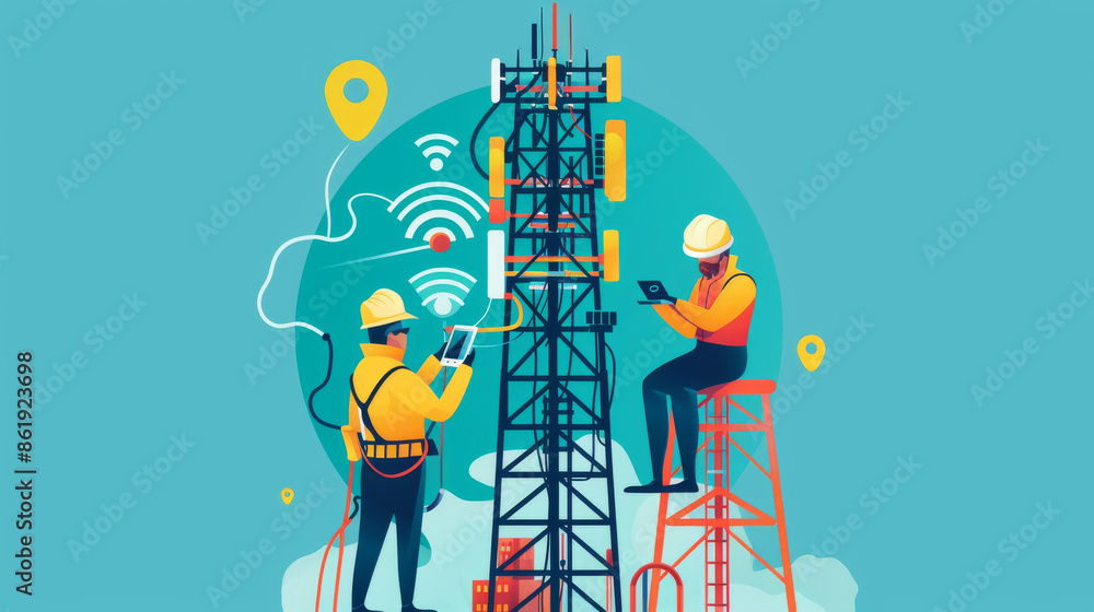 Technicians use a speedy internet tool to check signal strength and ...