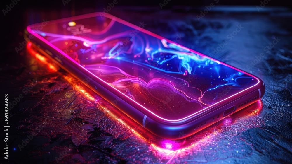 Sleek modern smartphone with glow light in corner effect, illuminated ...
