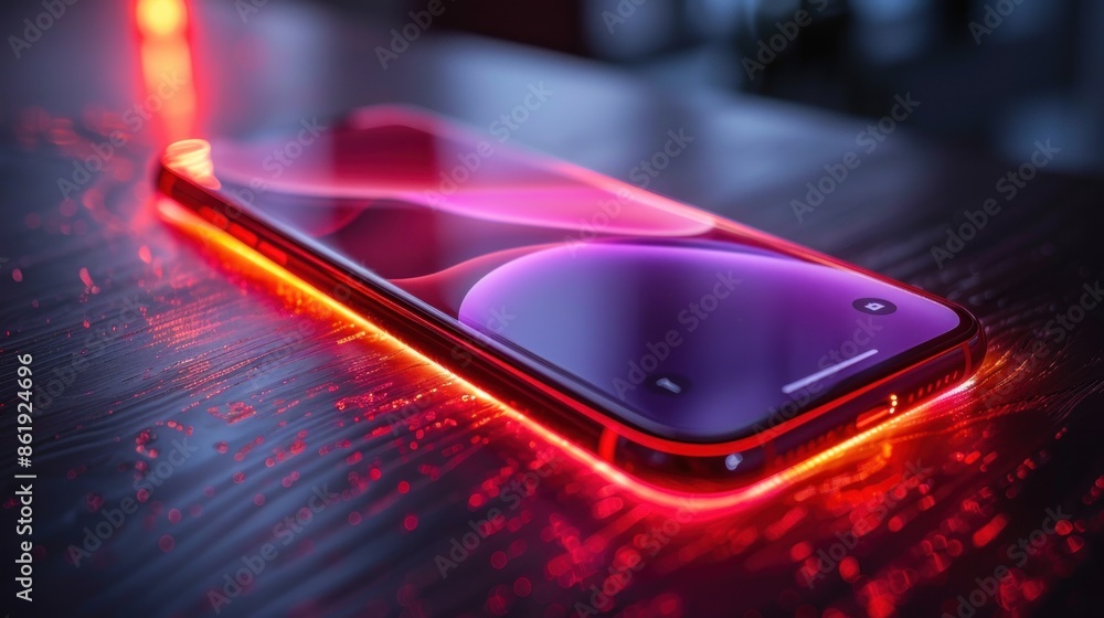 Sleek modern smartphone with glow light in corner effect, illuminated ...
