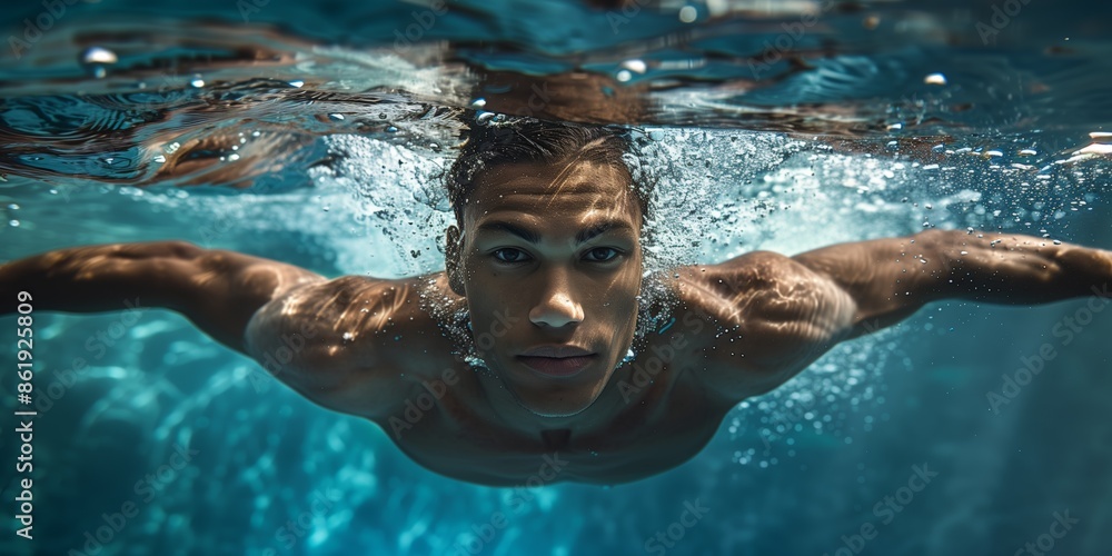 Photography of a muscular male swimmer performing a freestyle stroke ...