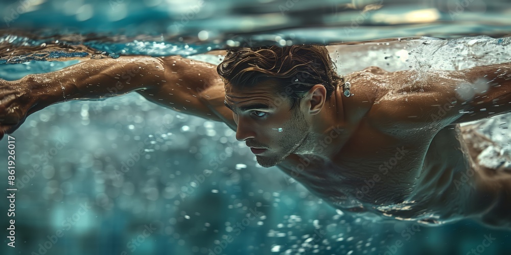 Photography of a muscular male swimmer performing a freestyle stroke ...