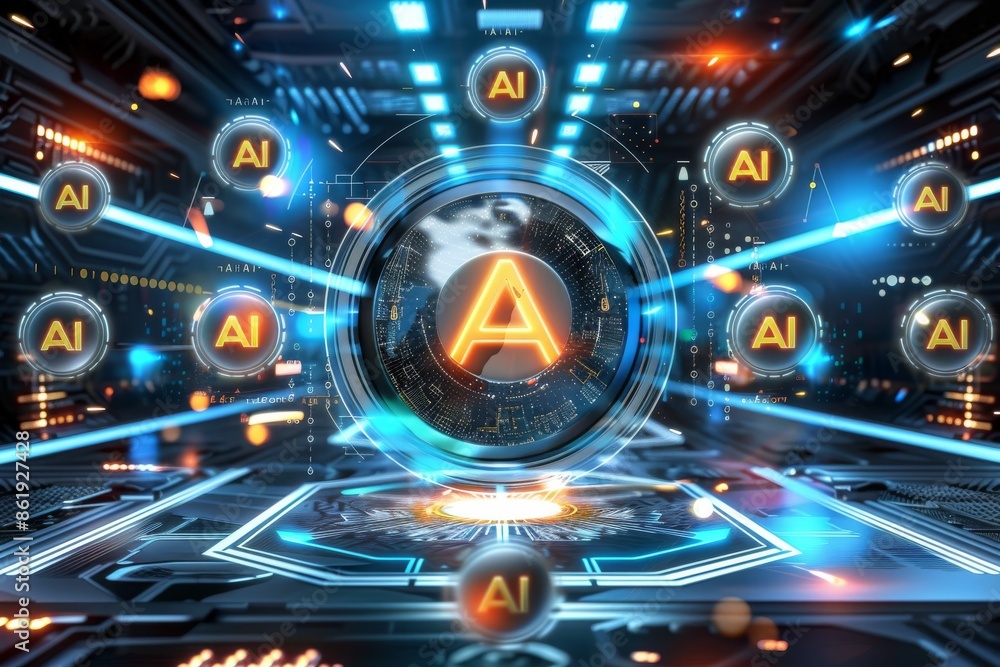 Futuristic AI control room with neon lights, artificial intelligence ...