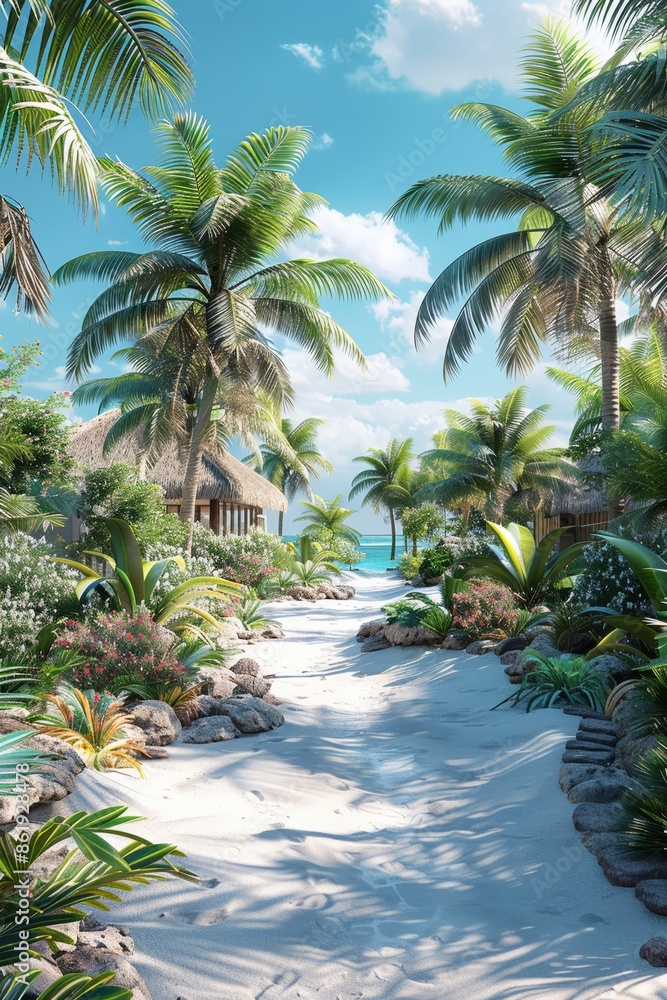 Tropical Beach Pathway with Palm Trees and Beach Huts Leading to the ...