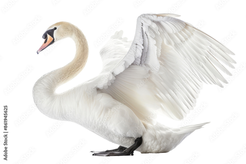 Elegant white swan spreading wings. Beautiful white swan on white ...