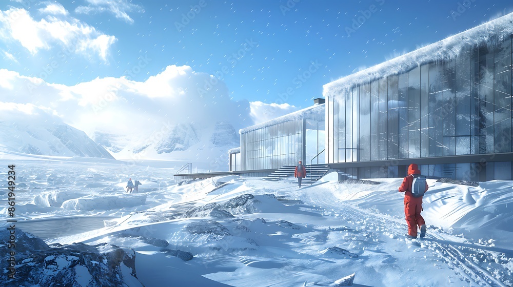 conceptual rendering of a remote research station in the Arctic, clad ...