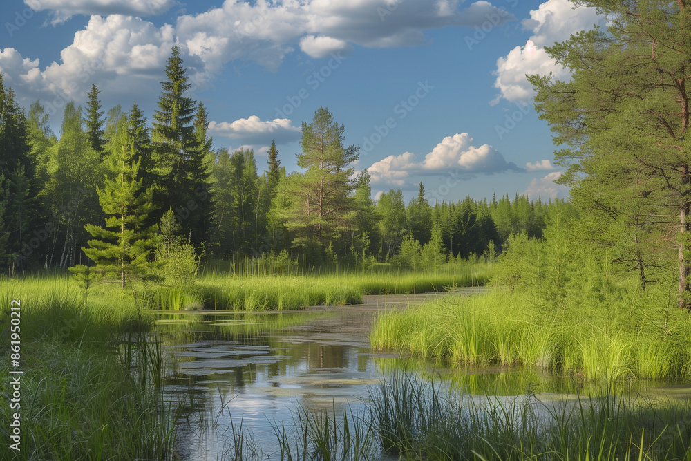 Taiga biome landscape of a huge green forest, depicted in a panoramic ...
