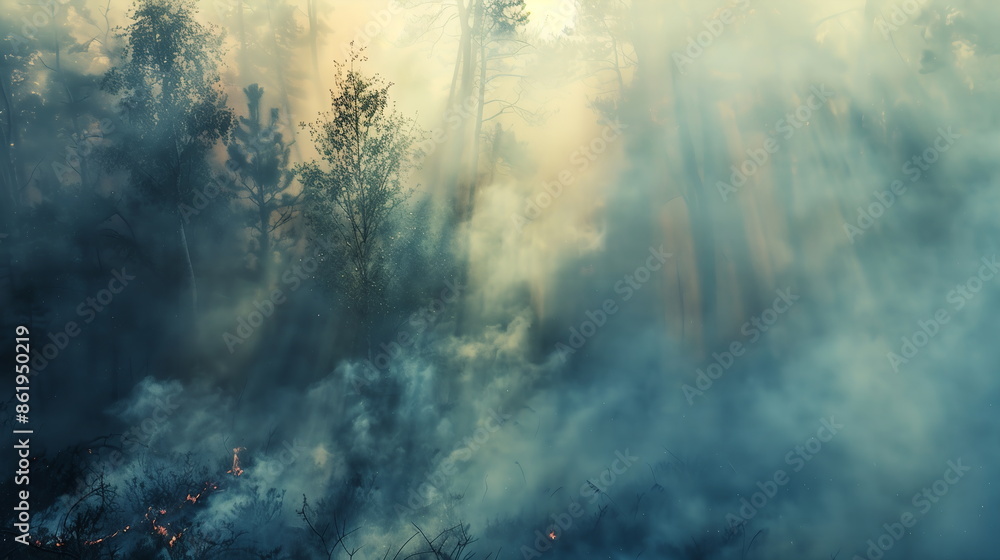 Dense smoke rising from raging wildfires in a forest, symbolizing the ...