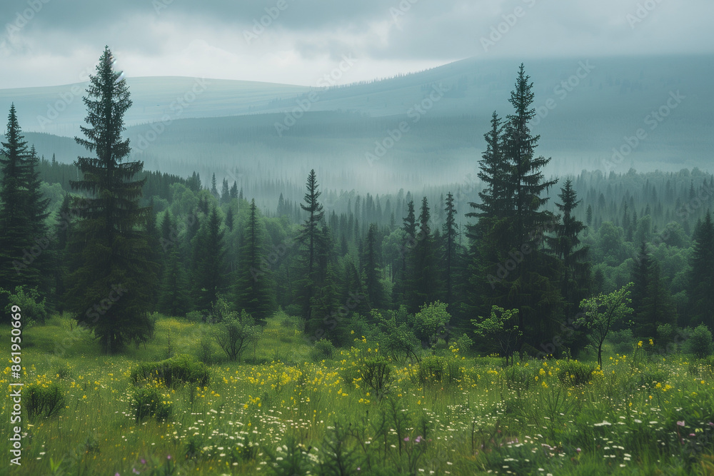 Foto de Taiga biome landscape of a huge green forest, featured in a ...