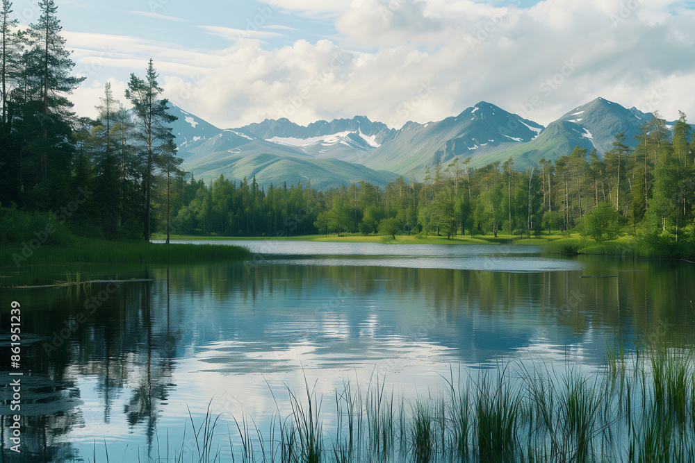 Taiga biome landscape with a lake and green forests with mountains ...