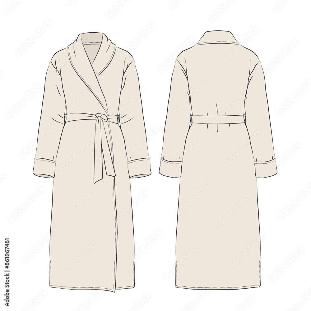 Robe with tie waist technical fashion flat. Vector illustration, front ...