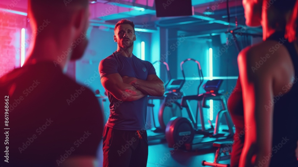 Personal trainer guiding clients in a modern gym with vibrant lighting ...