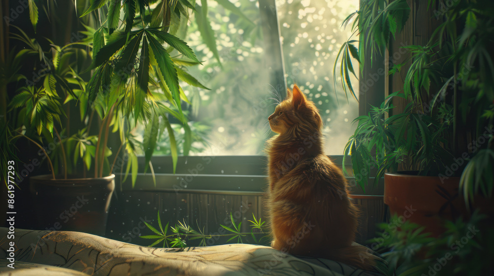 Cat Sitting in a Room Decorated with Cannabis Posters, High Resolution ...