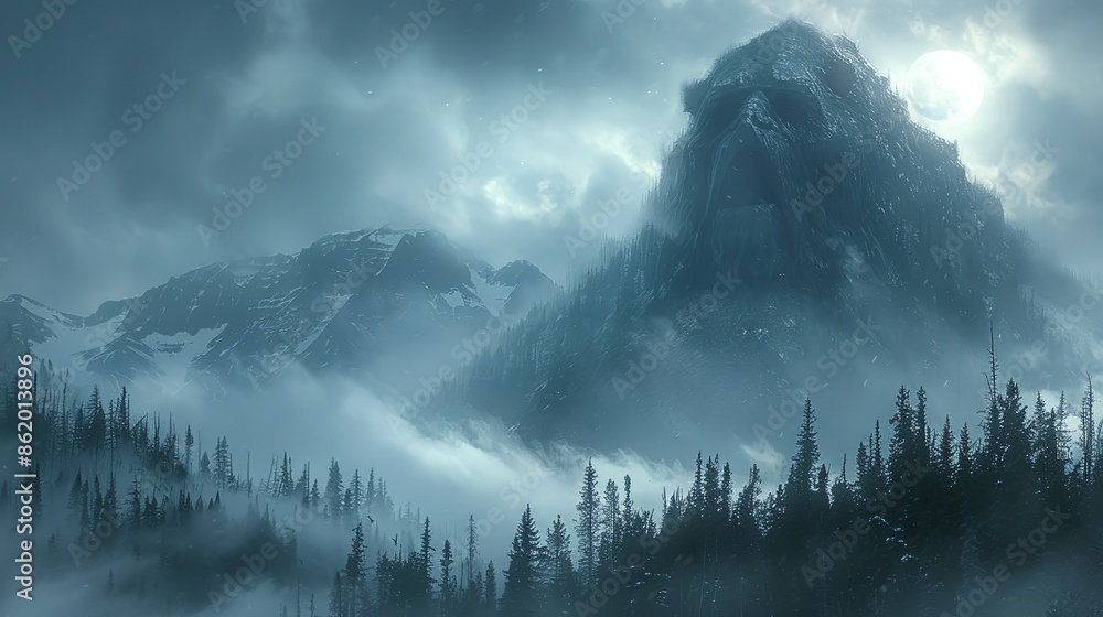A titan rising from a foggy forest, with trees dwarfed by its immense ...